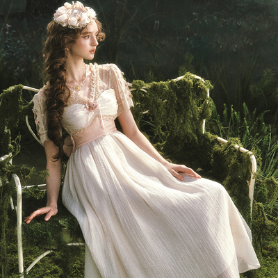 LaceMade 相思遥 法式帝政风肌理感v领帝政裙米色高腰连衣裙春夏