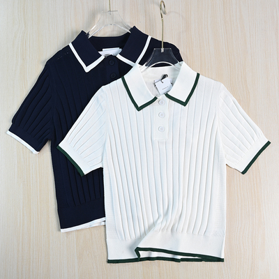 气质撞色边Polo领休闲短袖针织衫