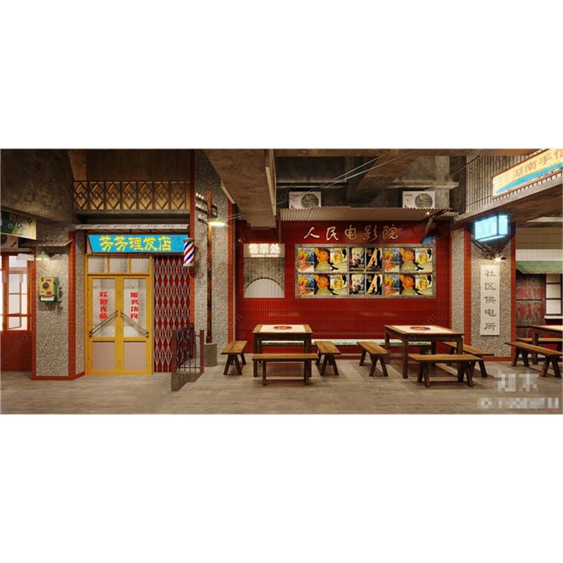 5595现代火锅店 餐厅 复古餐饮店 桌椅 复古墙画 装饰摆件SU模型