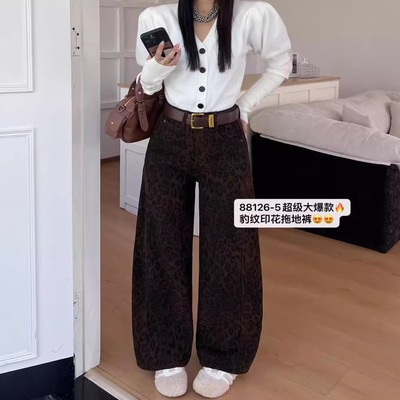 5126时尚洋气加绒豹纹牛仔直筒裤女显瘦百搭弹力印花密密绒拖地裤