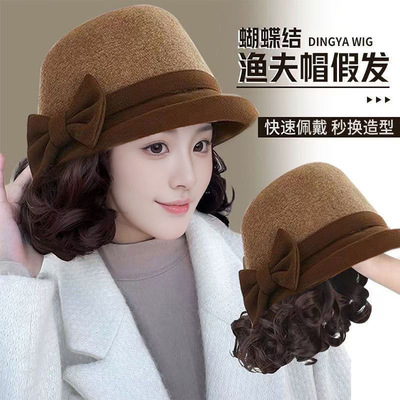 秋冬帽子假发一体女短卷发假发帽子羊毛渔夫帽慵懒卷洋气连帽假发