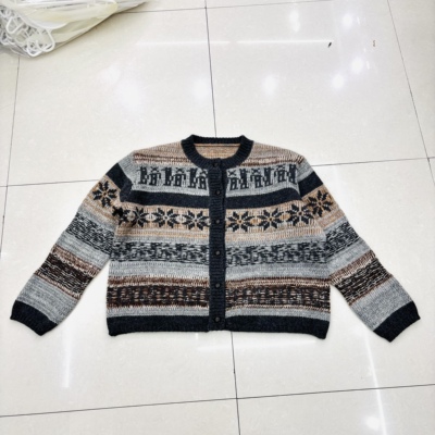 复古高级慵懒风提花廓形圆领针织开衫女新款毛衣63322