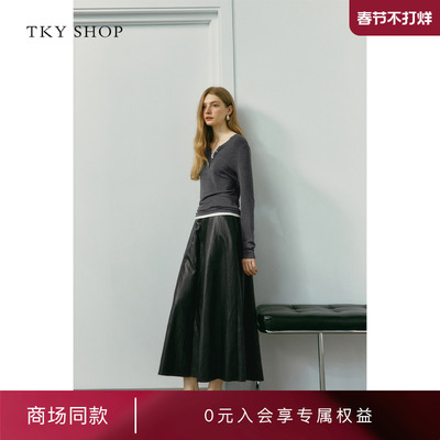 TKYSHOP长款复古哑光PU皮裙