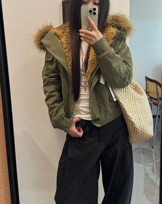 RARELY高品质布料100还原 大毛领毛绒内胆工装棉服外套 军绿/黑色