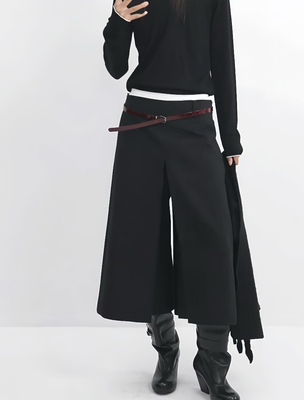 RARELY 高品质 布料100还原 A型立褶7分阔腿裤 黑色/01原牛