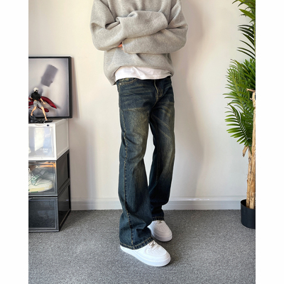 复古黄泥做旧微喇百搭牛仔裤