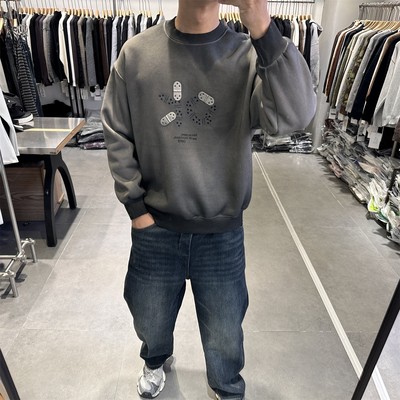 三朋冬季潮牌重磅字母烫金加绒圆领卫衣男美式复古保暖打底上衣潮