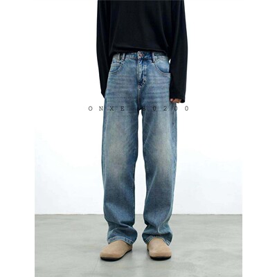 ONXE春季男复古水洗做旧四面弹力直筒牛仔裤美式宽松通勤显瘦长裤
