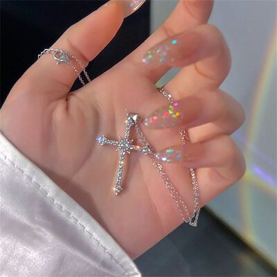 Elegant Crystal Cross Pendant Necklace Silver Color Star Lad