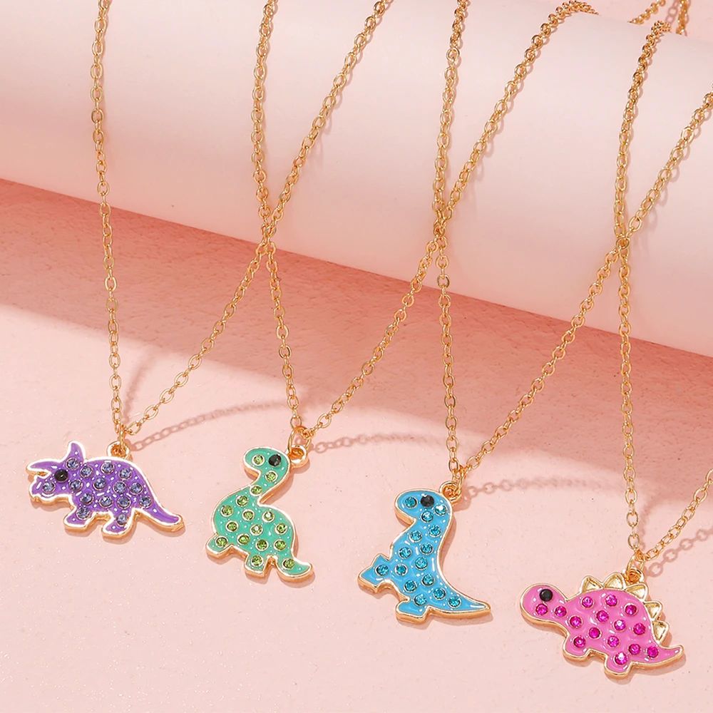 4Pcs/set Cute Dinosaur Pendant Necklace For Girls Party Birt