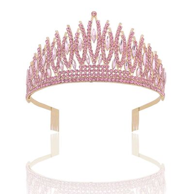 Baroque Sparkling Pink Crystal Bridal Tiaras Gold Color Rhin