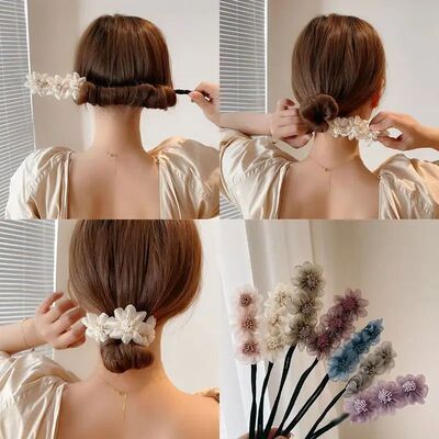 Women Elegant Bud Chiffon Flower Bun Maker Maruko Hairstyle