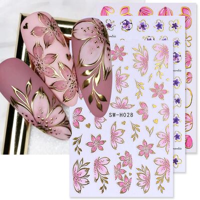 2/3pcs Golden Pink Hibiscus Flower Nail Stickers 3D Bronzing