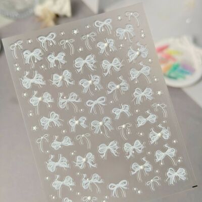 1 Set 5D Embossed Bow Nail Stickers Pearl Lace Ribbon Self A