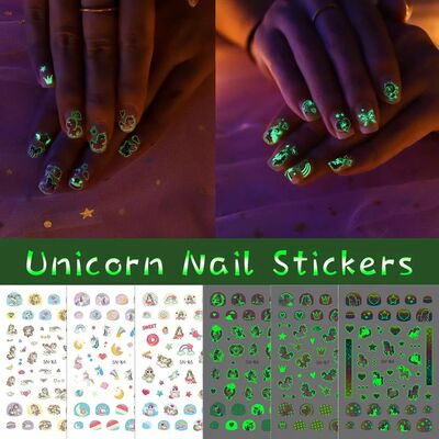 6 Sheets Cartoon Unicorn Nail Stickers Sets For Kids Luminou