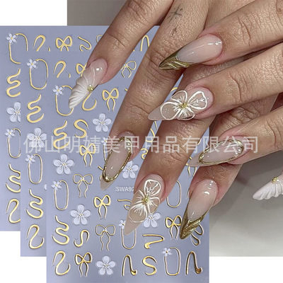 Gilded Flower Nail Paste Y2k Golden Bow White Flower Nail Pa