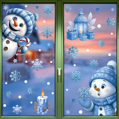 Christmas Window Stickers Winter Snowman Santa Claus Snowfla
