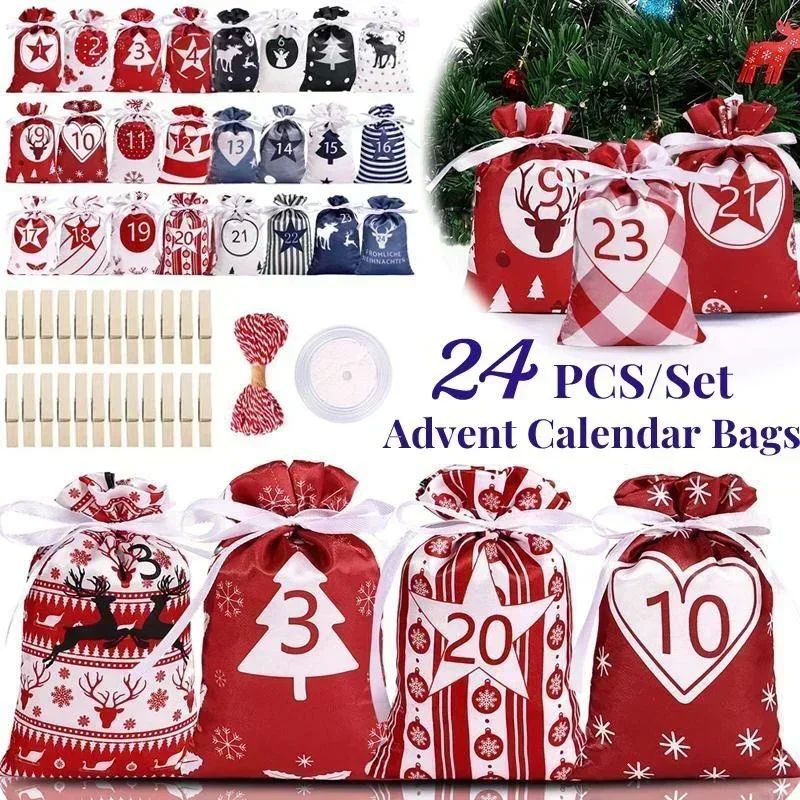 24PCS Christmas Advent Calendar Bags Countdown Calendar Empt
