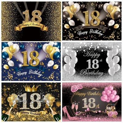 18th Birthday Party Backdrop Black Gold Glitter Balloon Boys