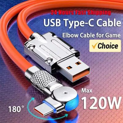 120W 7A Quick Charge USB Type C Cable 180 Degree Rotation Elbow Cable for Game for Redmi Honor Phone