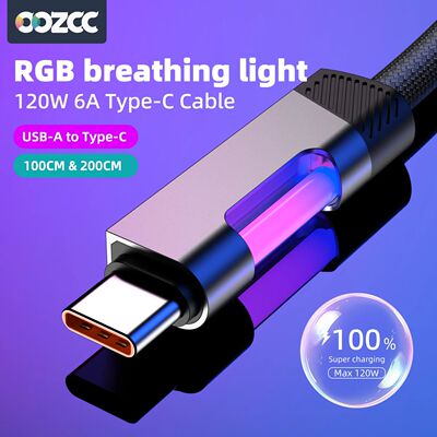 RGB Quick Charging Cable 120W 6A USB Type C Charge Cable with RGB Ambient Light