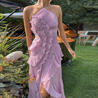 Elegant Neck Strap Ruffles Evening Gown Solid Folds A Line L