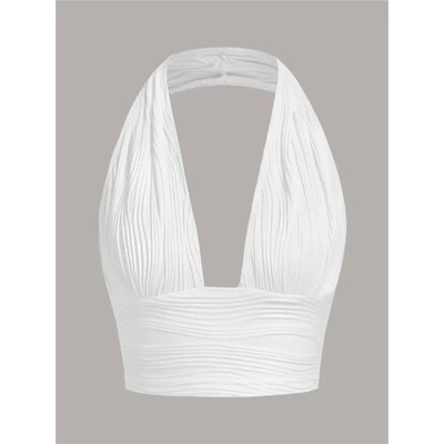 Solid White Backless Crop Halter Top Women Summer Y2K Club G