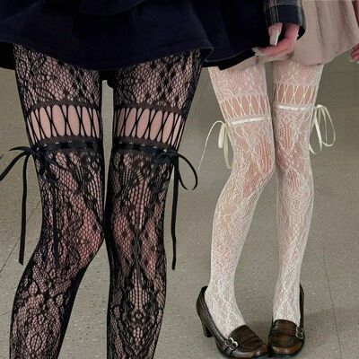 New Gothic Hollowed Lace Tie Fishnet Suspender Socks for Wom