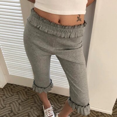 韩国夏季ins日系少女花边荷叶边高腰打底五分裤舒适弹力超弹中裤