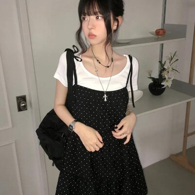 韩国chic 春日 吊带 波点 连衣裙
