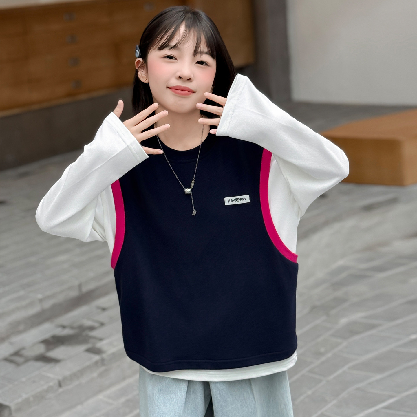 女童假两件长袖T2026春秋季新款宝宝拼色洋气上衣时尚潮流卫衣中