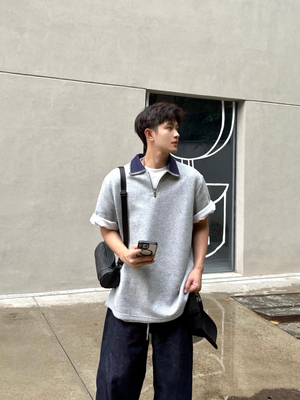 灰色半拉链polo衫短袖男夏季美式高街撞色翻领T恤学院风情侣半袖