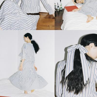 花筏NOTJUSTHIM法式淡雅蓝条纹套装纯棉衬衫长裙套装