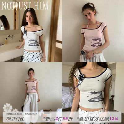 花筏NOTJUSTHIM手绘美人鱼印花双色大U领撞色短袖
