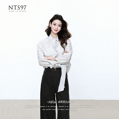 NTS97 通勤竖条纹长袖衬衫女飘带领设计感小众衬衫