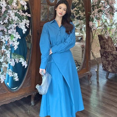 NTS97简约气质收腰长袖a字衬衣裙