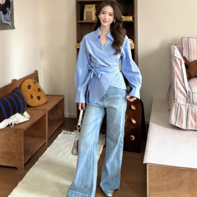 系带通勤韩系条纹v领衬衫上衣