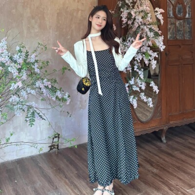 NTS97吊带黑色波点连衣裙两件套