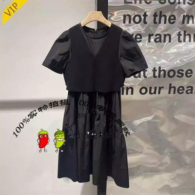 播女2024秋季新款简约圆领泡袖两件套连衣裙BDR3LD1973白露落霜