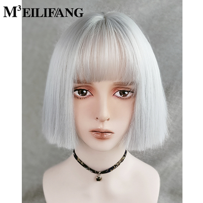 白色短发一刀切齐刘海朋克风假发