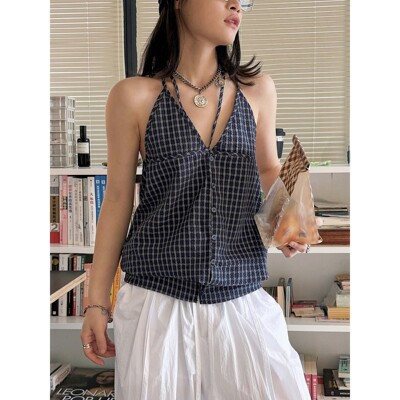 卢浮夏季新款韩系时髦INS风挂脖分割格纹吊带设计感露背上衣女