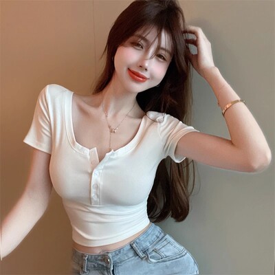 低领短袖t恤女短款紧身露脐上衣