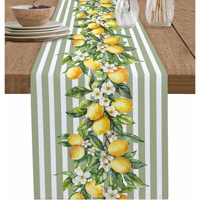 Summer Lemon Fruit Flowers Linen Table Runner Dresser Scarf