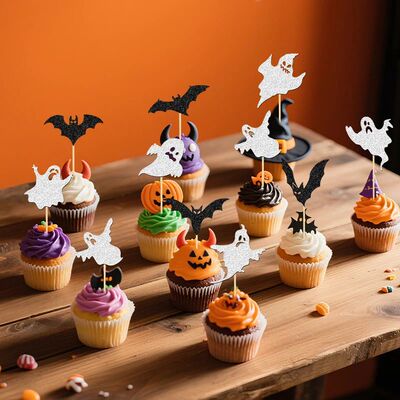 24Pcs Halloween Cake Toppers Glitter Ghost and Bat Cupcake T