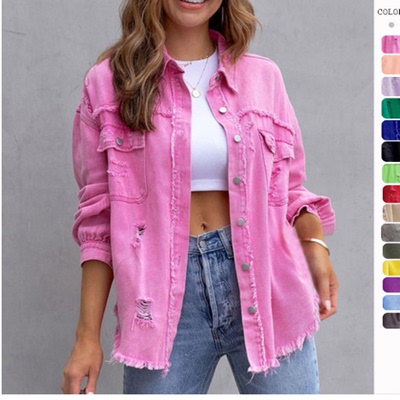 Ragged and torn denim jacket top中长款毛边长袖休闲翻领上衣