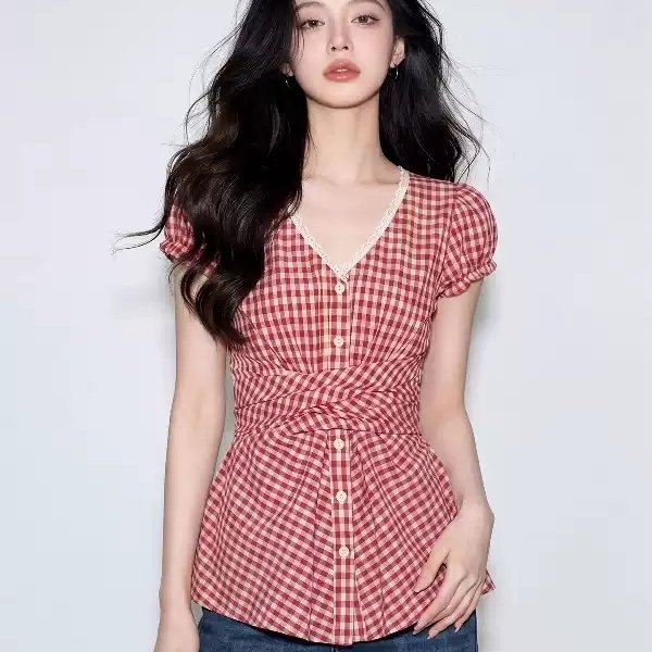 温柔风木耳边设计感格纹短袖衬衫女夏季绑带收腰显瘦衬衣短款上衣