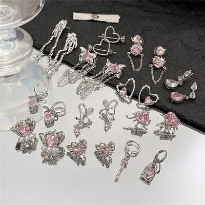 KoreaGoth Aesthetic Pink Crystal Peach Heart Bow Earrings Fo
