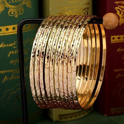 Herseygold Slim Metal Bangles Gold Plated Carved Flower Laye