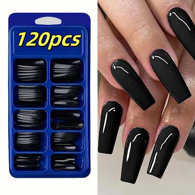 120pcs Long Coffin Black Press-On Nails Full Cover Ballet Sq