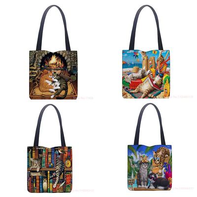 Oil Painting Cat Shopping Bag Eco Reusable Female Tote Bag C